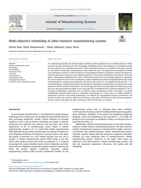 Pdf Multi Objective Scheduling In Labor Intensive Manufacturing Systems
