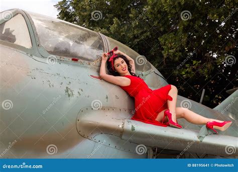Pin Up Model On Vintage Airplane Stock Image Image Of Glamour Posing