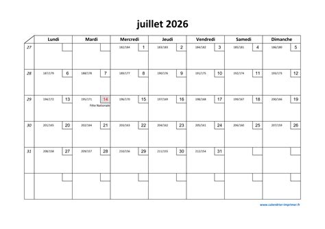 Calendrier Juillet 2026 à Imprimer