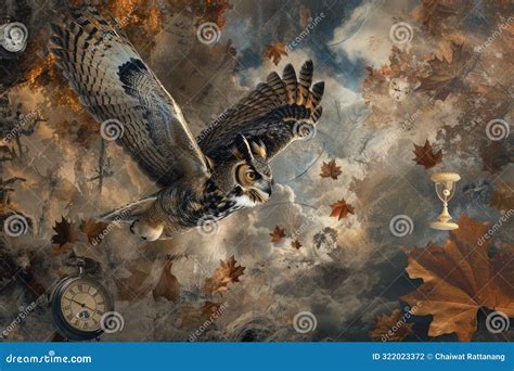 Great Horned Owl Its Wings Outstretched In Mid Flight Feathers