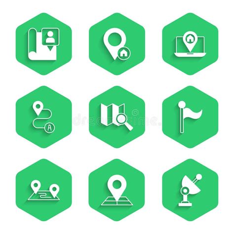 Set Search Location Folded Map With Marker Radar Flag Route City Navigation And Icon