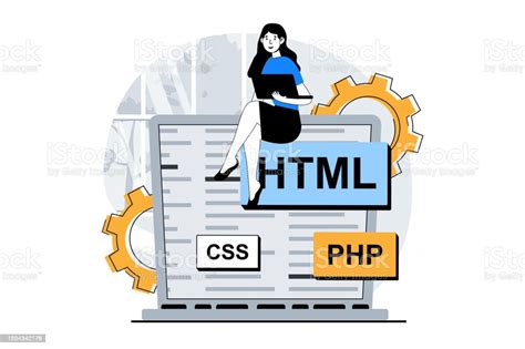 Web Development Concept With People Scene In Flat Design Woman Programming Code For Site