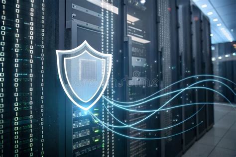 shield icon with flowing binary code in a server room demonstrates