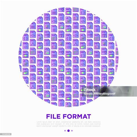 파일 형식 개념은 얇은 선 아이콘과 함께 동그라미에 있습니다 doc pdf html mov eps 우편 번호 css js 현대 벡터 일러스트 레이 션 인쇄 미디어 템플릿