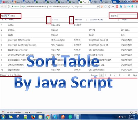 sorting table by java script ~ salesforce knowledge