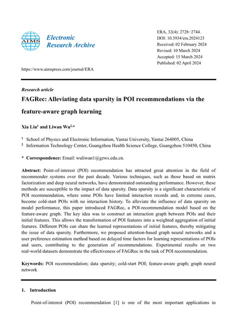 Pdf Fagrec Alleviating Data Sparsity In Poi Recommendations Via The Feature Aware Graph Learning