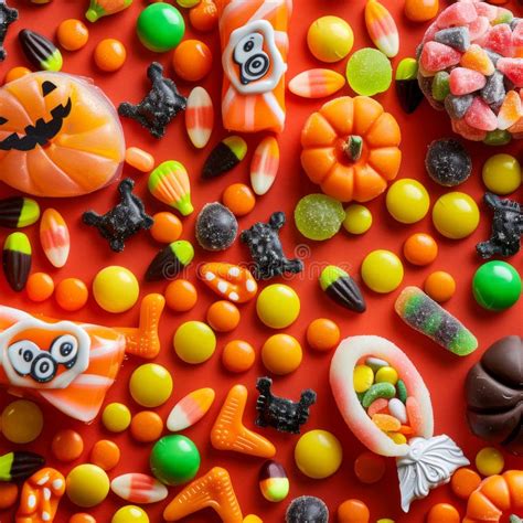 Trick Or Treat Candy Spread Background With Assorted Halloween Candies