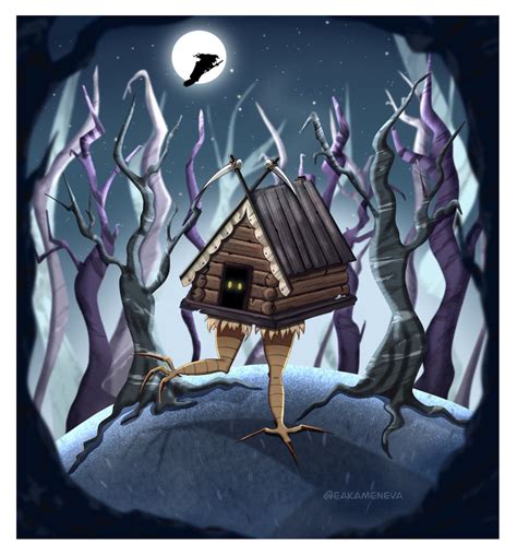 Иллюстрация Избушка на курьих ножках в стиле книжная графика