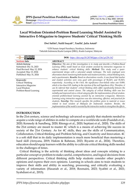 Pdf Local Wisdom Oriented Problem Based Learning Model Assisted By Interactive E Magazine To