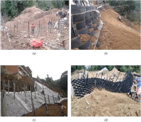 A Installation Of Micropile B Geocell Wall C Laying Of Geogrid Inside