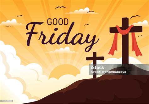 행복한 성 금요일 그림 예수 그리스도의 기독교 휴일 십자가에 못 박히심 평평한 만화 손으로 그린 웹 배너 또는 방문 페이지 템플릿 성 금요일에 대한 스톡 벡터 아트 및 기타