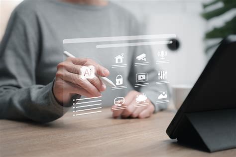 Ai 인공지능 일상생활에서 사물의 상태를 분석합니다 여성은 태블릿과 Ai 기술을 사용하여 생명 스마트 홈 보안 데이터 기후