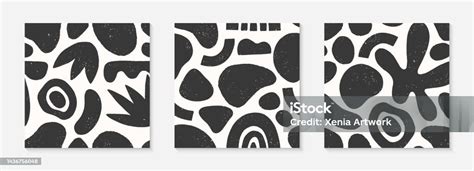 Set Of Black And White Seamless Patterns With Hand Drawn Organic Shapes Doodles And Elements