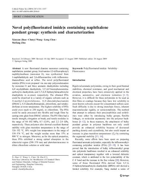 Pdf Novel Polyfluorinated Imides Containing Naphthalene Pendant Group Synthesis And