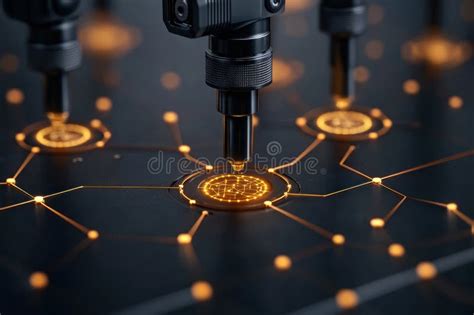 Futuristic Industry Technology Robotic Arms Creating Neural Network On Podium In Virtual