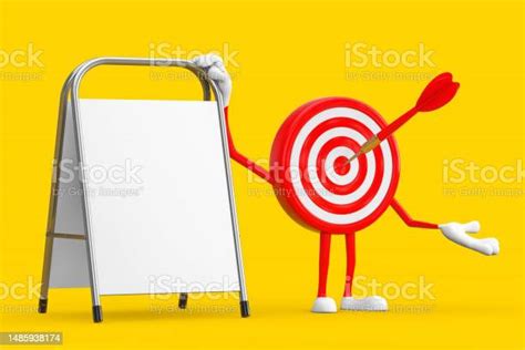 양궁 표적과 다트 중앙에 있는 만화 인물 캐릭터 마스코트에는 흰색 빈 광고 판촉 스탠드가 있습니다 3d 렌더링 3차원 형태에 대한 스톡 사진 및 기타 이미지 Istock