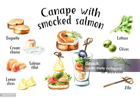 축제 테이블에 대한 전채 연어 필레 레시피와 재료 세트가 있는 미니 카나페 흰색 배경에 격리 된 수채화 손으로 그린 그림 고명에 대한 스톡 벡터 아트 및 기타 이미지