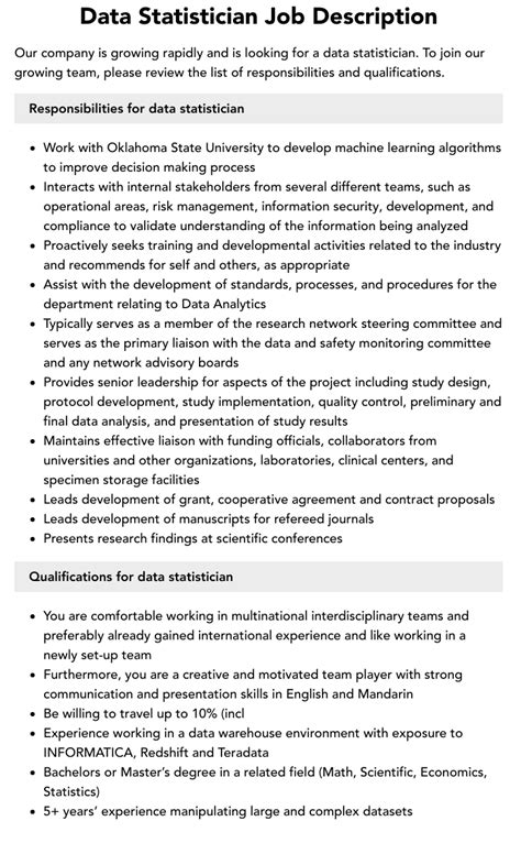 Data Statistician Job Description Velvet Jobs