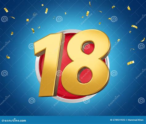 Gold Number 18 Gold Number Eighteen On Rounded Red Icon With Particles 3d Illustration Stock