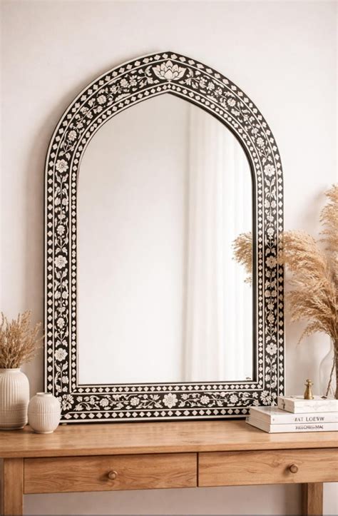 Handmade Bone Inlay Arched Mirror Floral Inlay Wall Decor Luxury