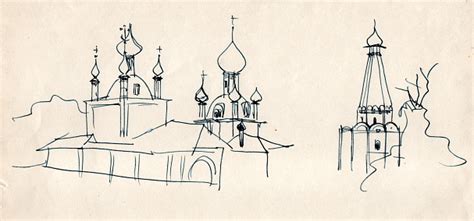빈티지 잉크와 펜 손으로 그린 풍경 오래된 퇴색 종이 선형 스케치 양파 돔이있는 고대 러시아 스타일의 교회 및 엉덩이 지붕이있는 종탑 0명에 대한 스톡 벡터 아트 및 기타
