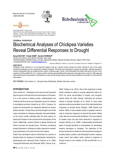 Pdf Biochemical Analyses Of Chickpea Varieties Reveal Differential Responses To Drought