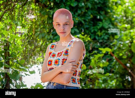 Portrait Of A Girl With Very Short Hair Painted Pinkportrait Of Girl