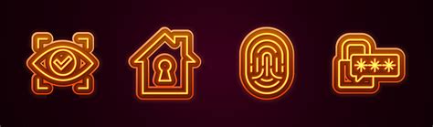 Set Line Eye Scan House Under Protection Fingerprint And Cyber Security Glowing Neon Icon Vector