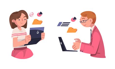 젊은이들은 소셜 미디어 세트에서 노트북 컴퓨터와 채팅합니다 온라인 통신 원격 학습 개념 만화 벡터 일러스트 레이 션 기포에 대한 스톡 벡터 아트 및 기타 이미지 Istock