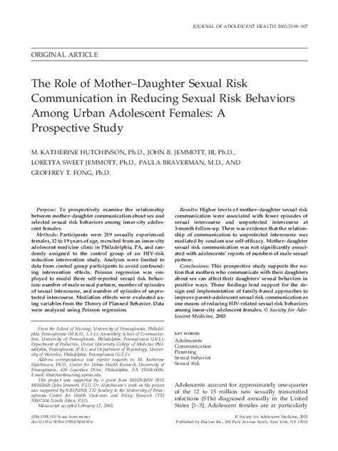 Pdf The Role Of Motherdaughter Sexual Risk Communication In Reducing