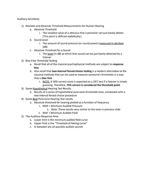 Auditory Sensitivity Lecture Notes From Slides And In Person Lecture Auditory Sensitivity