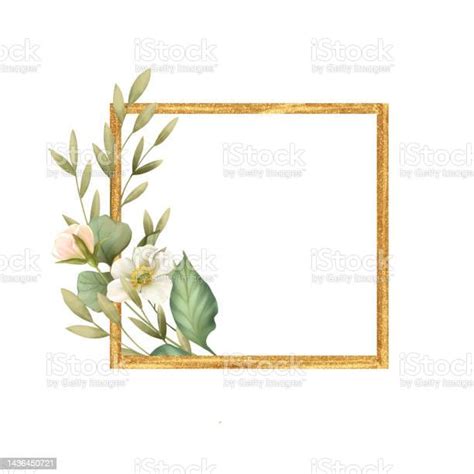 하얀 꽃과 녹색 잎이있는 금 사각형 프레임 꽃 웨딩 카드 장식 0명에 대한 스톡 벡터 아트 및 기타 이미지 0명 개화기 결혼식 Istock