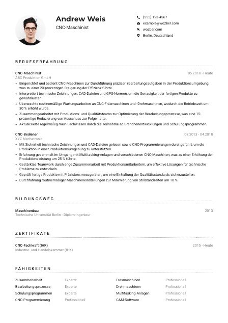 Lebenslauf Muster Für Cnc Maschinist In