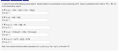 solved 1 point for each of the following vector fields f