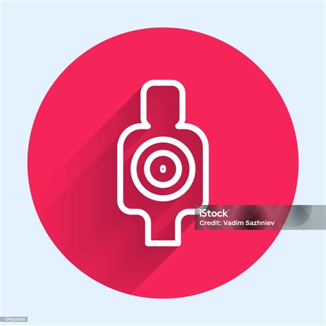 긴 그림자로 고립 된 아이콘을 촬영하기위한 화이트 라인 인간 대상 스포츠 사격장이나 촬영을 위한 숫자로 대상을 청소합니다 빨간색 원 버튼입니다 벡터 가리키기에 대한 스톡