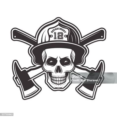 헬멧에 소방관 두개골과 흰색 배경에 고립 된 흑백 스타일의 두 개의 교차 축 벡터 그림 벡터에 대한 스톡 벡터 아트 및 기타 이미지 벡터 소방관 헬멧 Istock