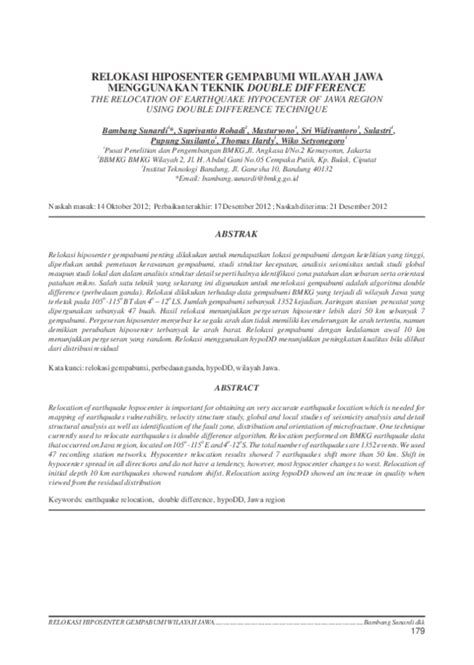 Pdf Menggunakan Teknik Double Difference The Relocation Of Earthquake