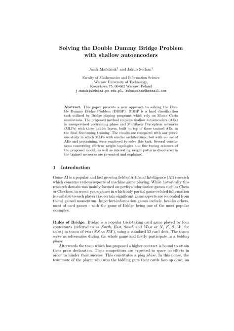 Pdf Solving The Double Dummy Bridge Problem With Shallow Autoencoders 25th International