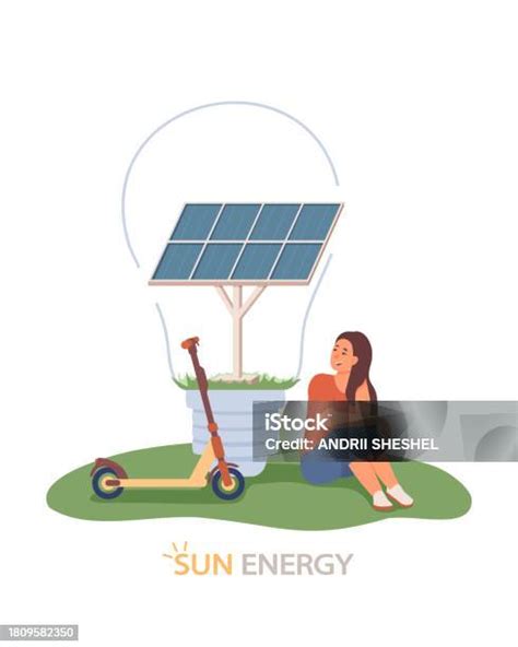 태양 전지판과 킥 스쿠터 근처에 앉아있는 여성 가정에서 태양 전지판 소비 연료 및 전력 생산에 대한 스톡 벡터 아트 및 기타 이미지 연료 및 전력 생산 환경 개념