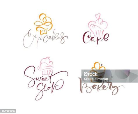 로고가 있는 케이크 벡터 서예 텍스트의 4가지 일러스트 세트 크림 빈티지 디저트 엠블럼 템플릿 디자인 요소와 달콤한 컵 케이크