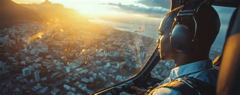 Helicopter Pilot Navigating The Skies Over A Cityscape At Sunset With