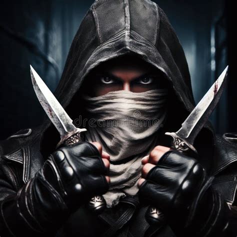 Fantasy Dark Robed Ninja Assassin With Sharp Knives Stock Illustration