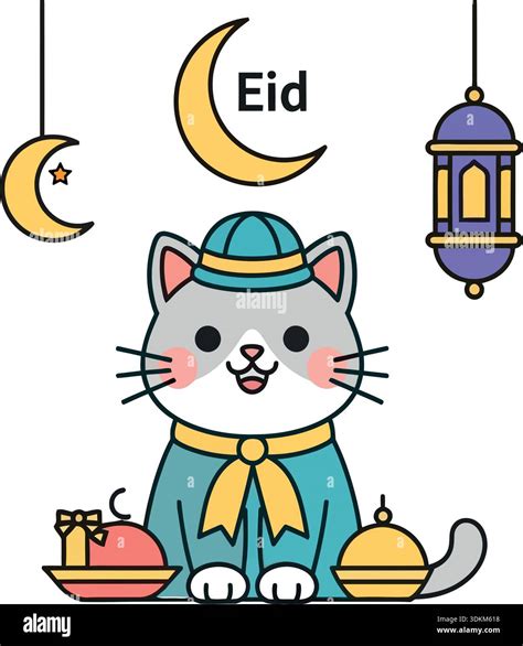 Cute Kawaii Cat Wearing Muslim Prayer Cap For Eid Mubarak Greeting And