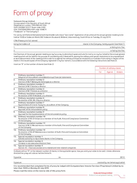 Fillable Online Form Of Proxy And Notes To The Form Of Proxy Fax Email Print PdfFiller