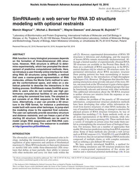 Pdf Simrnaweb A Web Server For Rna 3d Structure Modeling With Optional Restraints