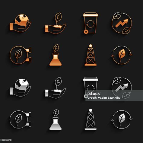 세트 식물 사육 전기 절약 플러그 잎 재활용 기호 오일 리그 에코 숍 빈 손 들고 지구 지구와 손 아이콘 벡터 검은색에 대한 스톡 벡터 아트 및 기타 이미지 Istock