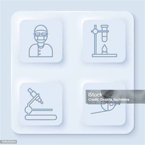 라인 어시스턴트 화재 히터의 유리 시험관 플라스크 현미경 및 위성을 설정합니다 흰색 사각형 버튼입니다 벡터 건강 검진에 대한 스톡 벡터 아트 및 기타 이미지 Istock