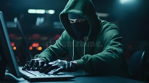 Computer Hacker Male Thief Stealing Data From Computer Stock
