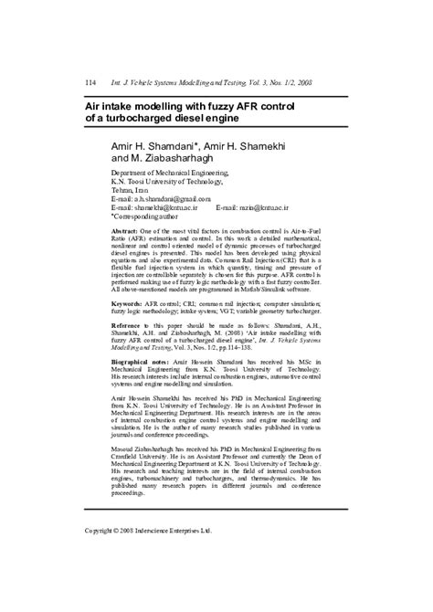Pdf Air Intake Modelling With Fuzzy Afr Control Of A Turbocharged Diesel Engine
