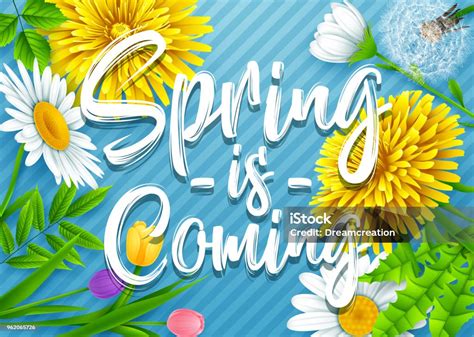 봄은 오고 있다 줄무늬 파란색 배경에 다양 한 꽃과 함께 봄 문구 계절에 대한 스톡 벡터 아트 및 기타 이미지 계절 꽃